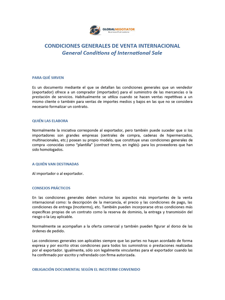 Condiciones Generales de Venta Internacional | PDF | Business | Derecho ...