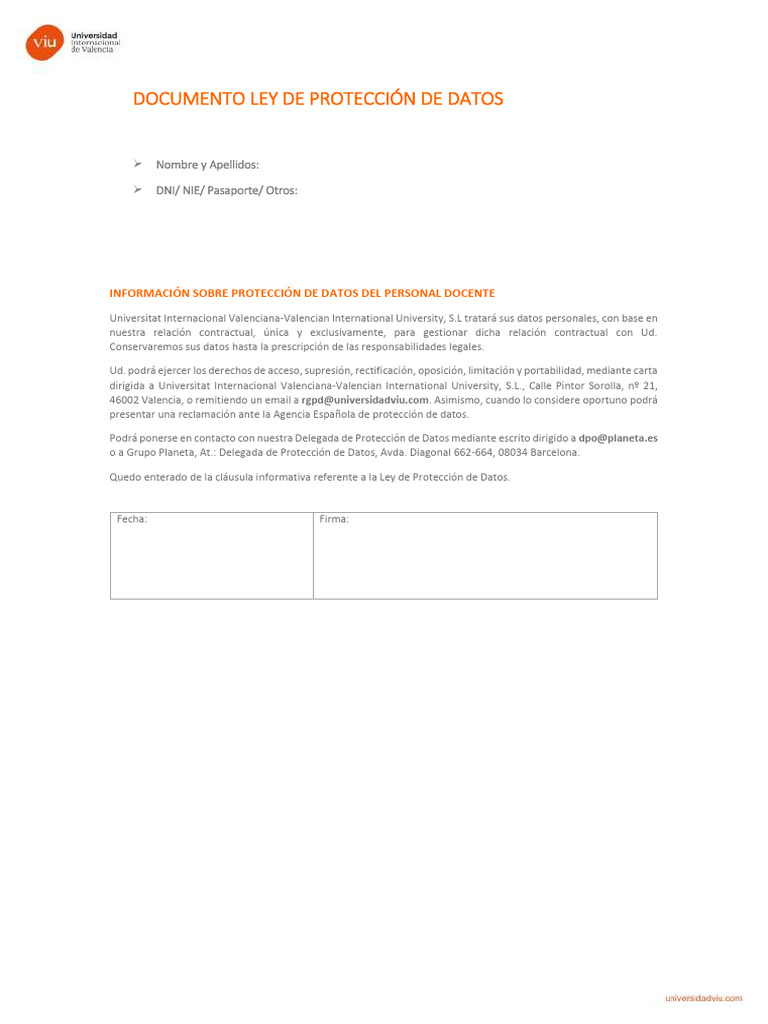 Plantilla Ley de Protección de Datos | PDF