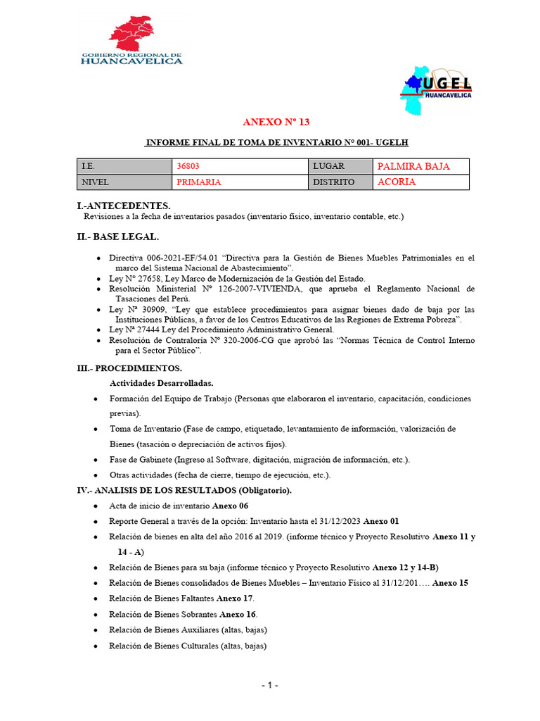 Anexo 13 Modelo de Informe Final de Toma de Inventario. | PDF | Gobierno