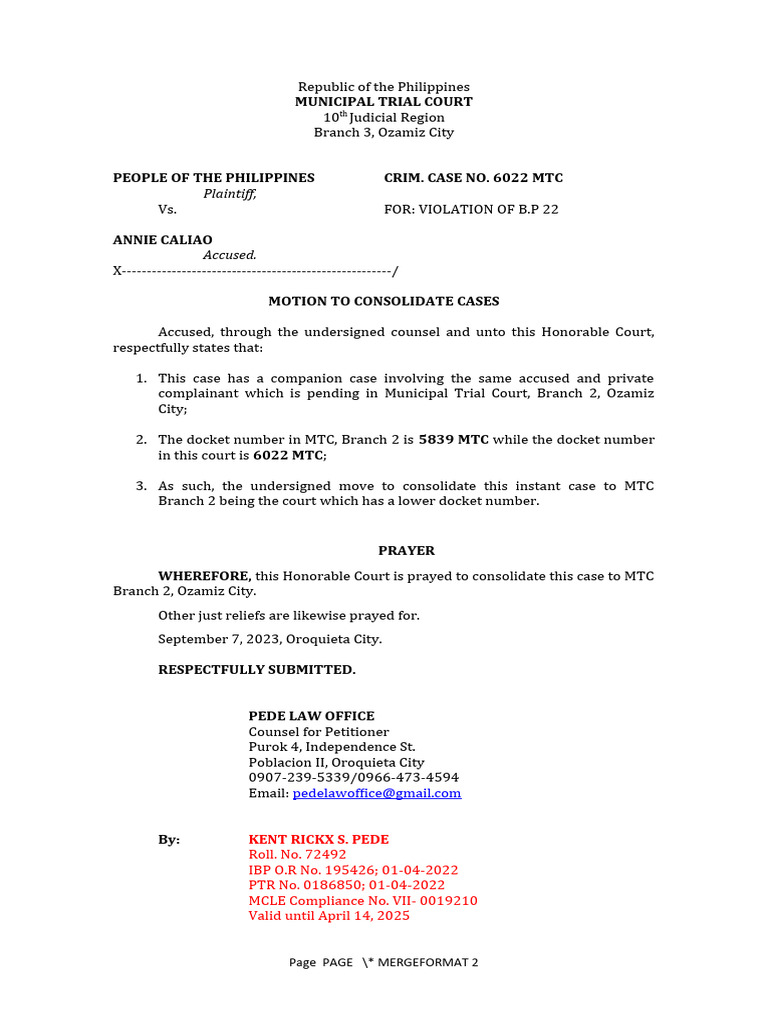 Motion To Consolidate Cases (Caliao) | PDF | Legal Procedure | Common Law