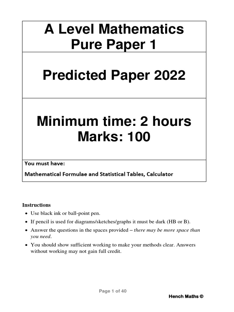A Level Maths Pure 1 Predicted Paper Hench Maths | PDF | Mathematics | Equations
