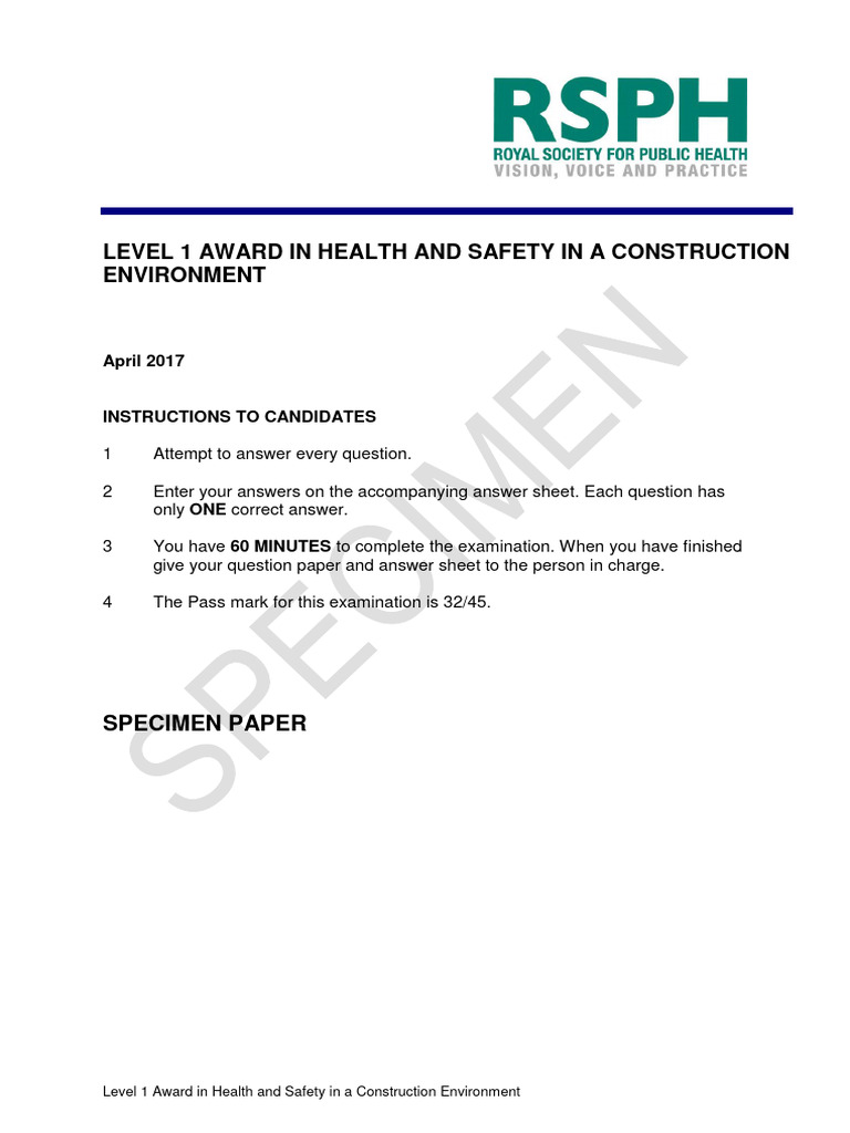 Level 1 Award in Health and Safety in A Construction Environment | PDF | Occupational Safety And ...