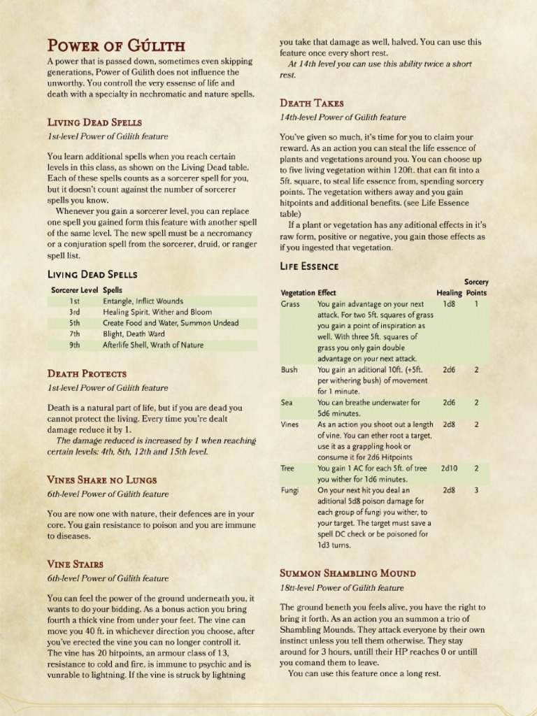 DND 5E Homebrew Sorcerer Subclass - Power of Gúlith | PDF