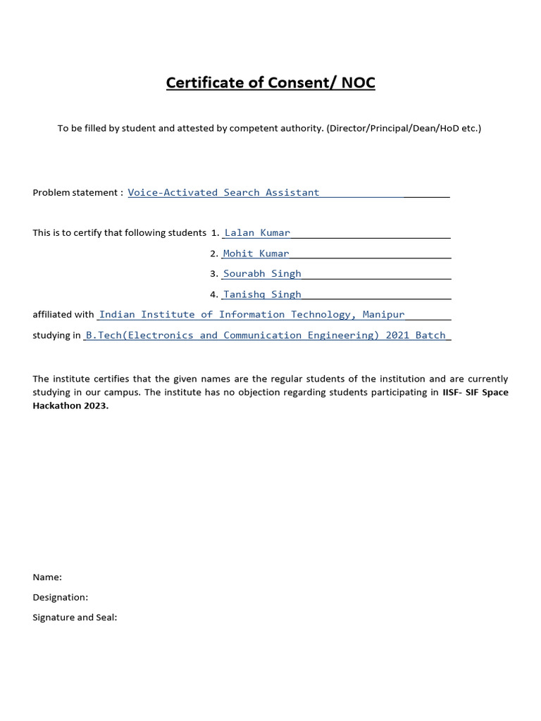 Certificate of Consent Space Hackathon 2023 | PDF Certificate of Consent Space Hackathon 2023 | PDF