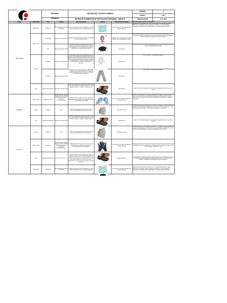 Proceso Gestión Del Talento Humano Formato Matriz de Elementos de Protección Personal. Anexo 9 ...