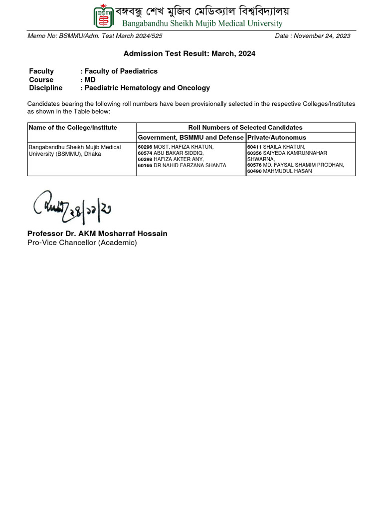 Bsmmu Paediatric Hematology And Oncology March 2024 Pdf