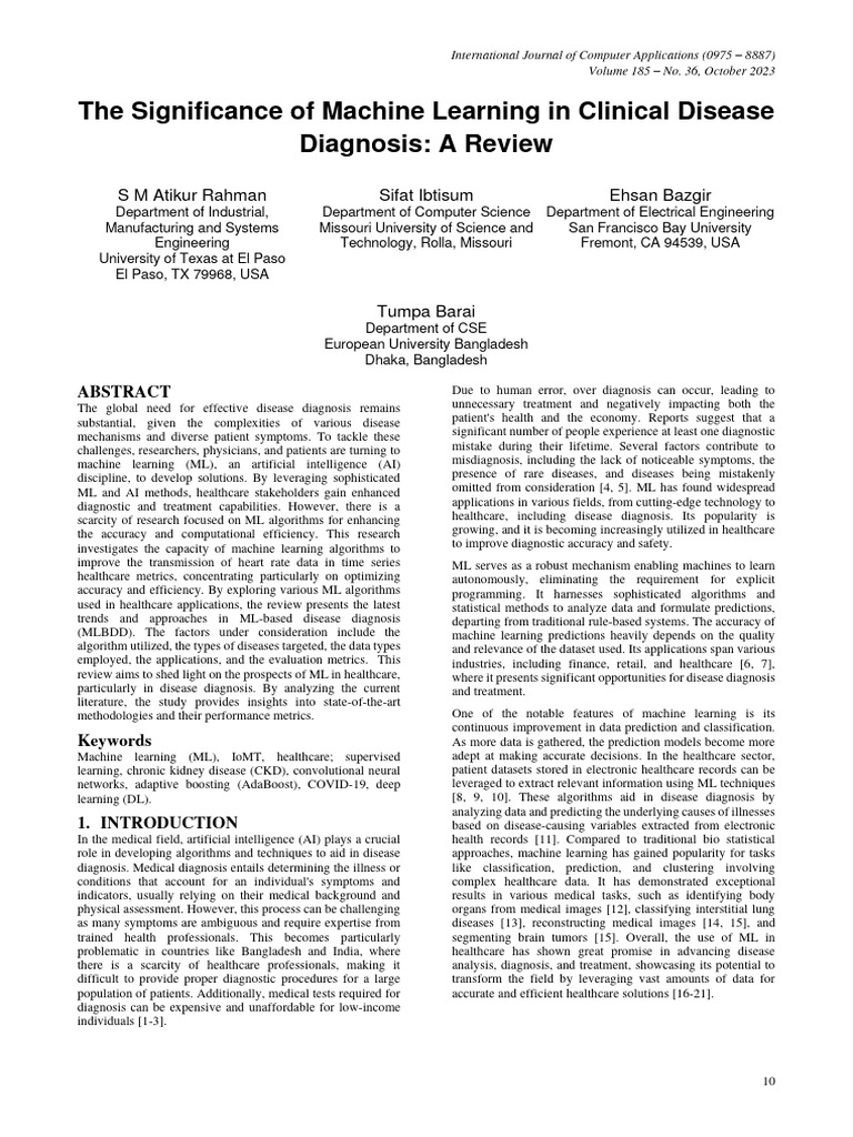 The Significance of Machine Learning in Clinical Disease Diagnosis: A Review | PDF | Machine ...