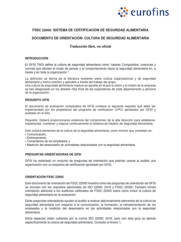 Fssc22000-Cultura Seg. Alimentaria-Traduccion No Oficial | PDF | Seguridad alimenticia | Auditoría