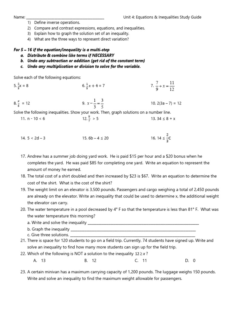 Equations & Inequalities Study Guide | PDF | Inequality (Mathematics ...