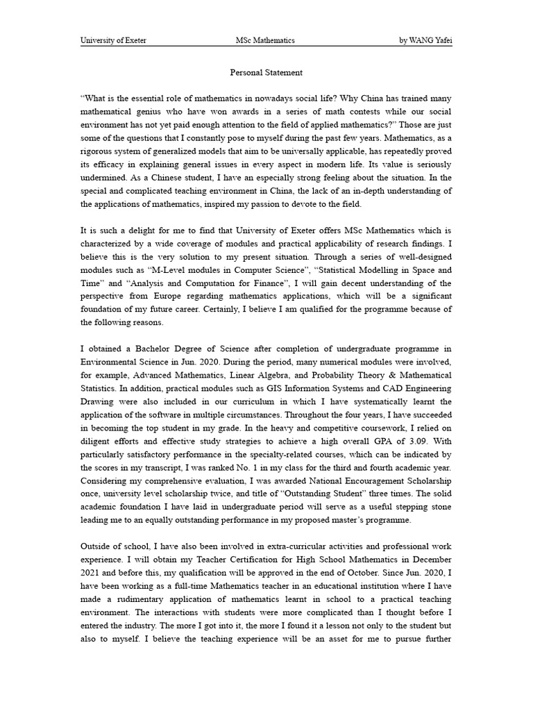 Personal Statement Exeter Mathematics Revised | PDF | Mathematics | Applied Mathematics
