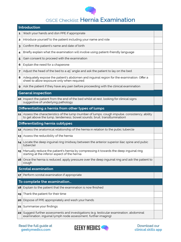 OSCE Checklist - Hernia Examination-1 | PDF OSCE Checklist - Hernia Examination-1 | PDF