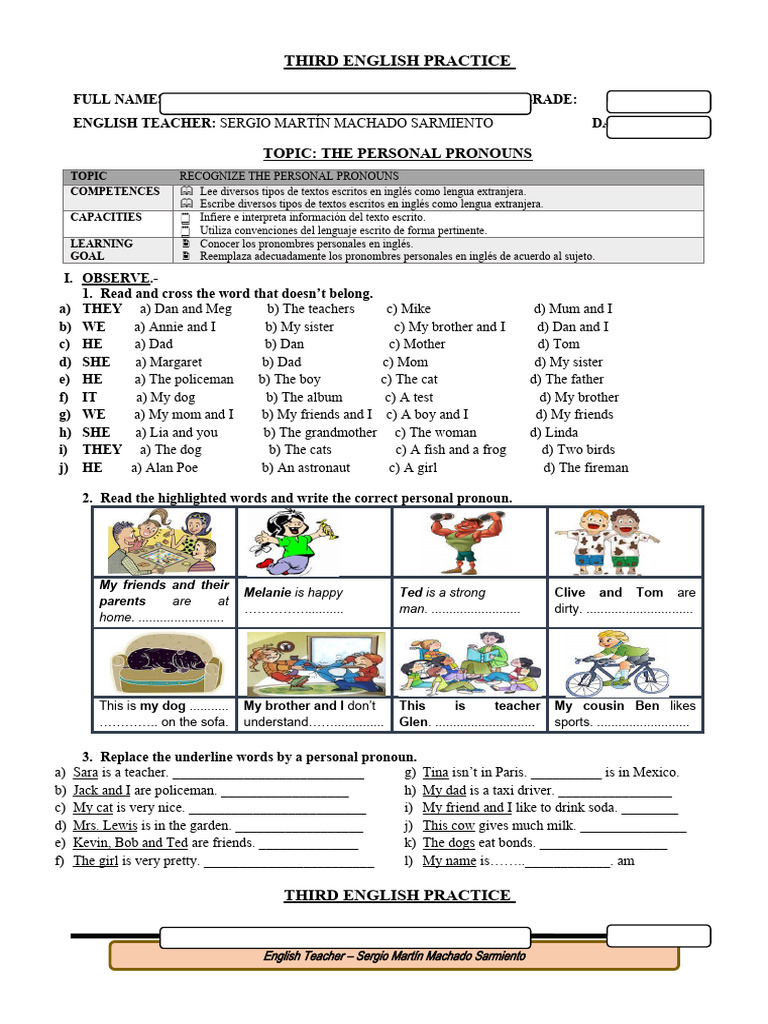 English Personal Pronouns Practice | PDF