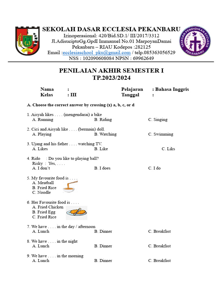 Soal UAS English Kelas 3 | PDF | Lunch | Meal