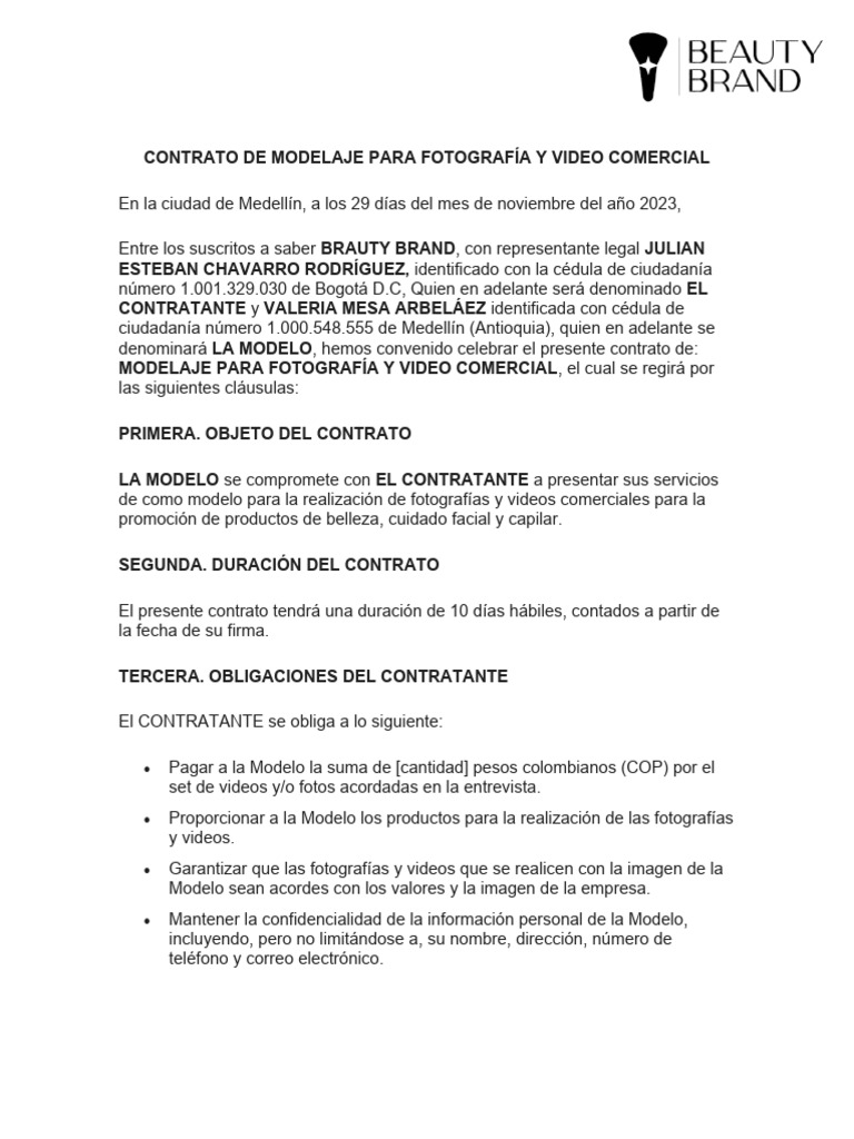 CONTRATO DE MODELAJE PARA FOTOGRAFÍA Y VIDEO COMERCIAL | PDF | Daños y ...