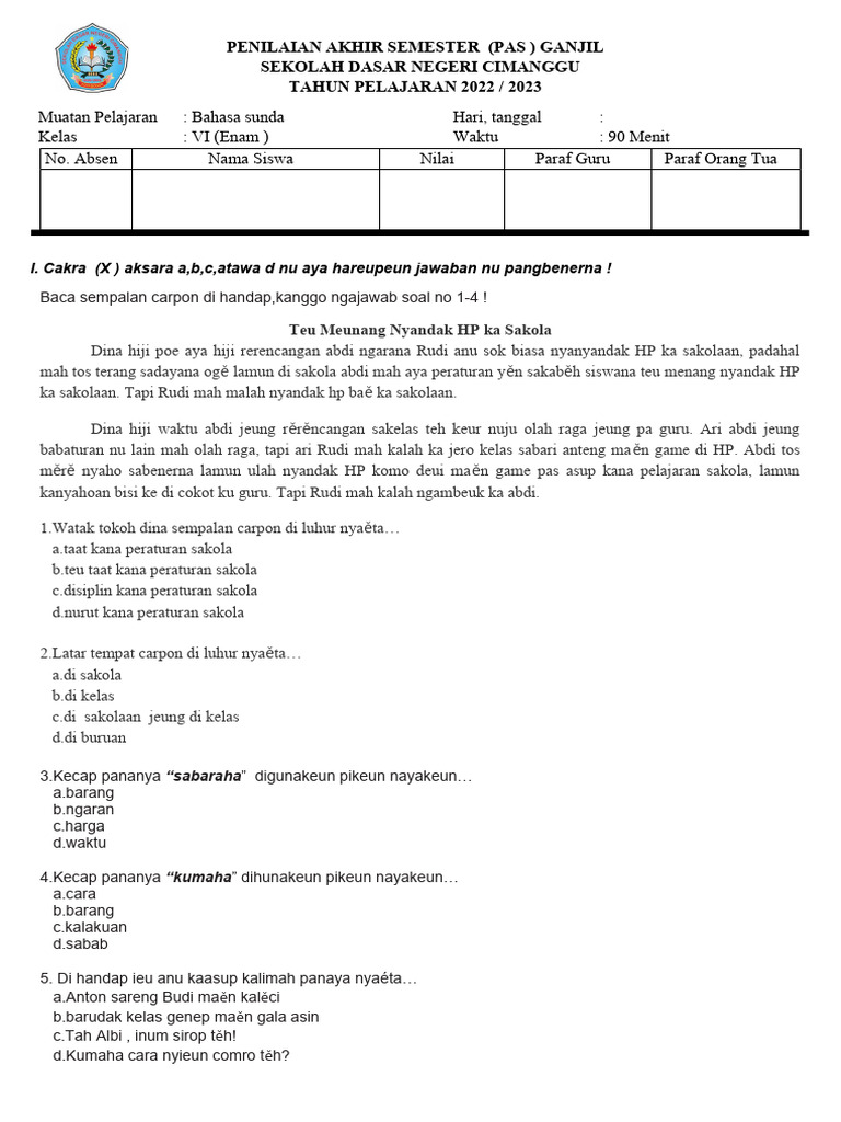 Soal Pas BHS - Sunda KLS 6 | PDF