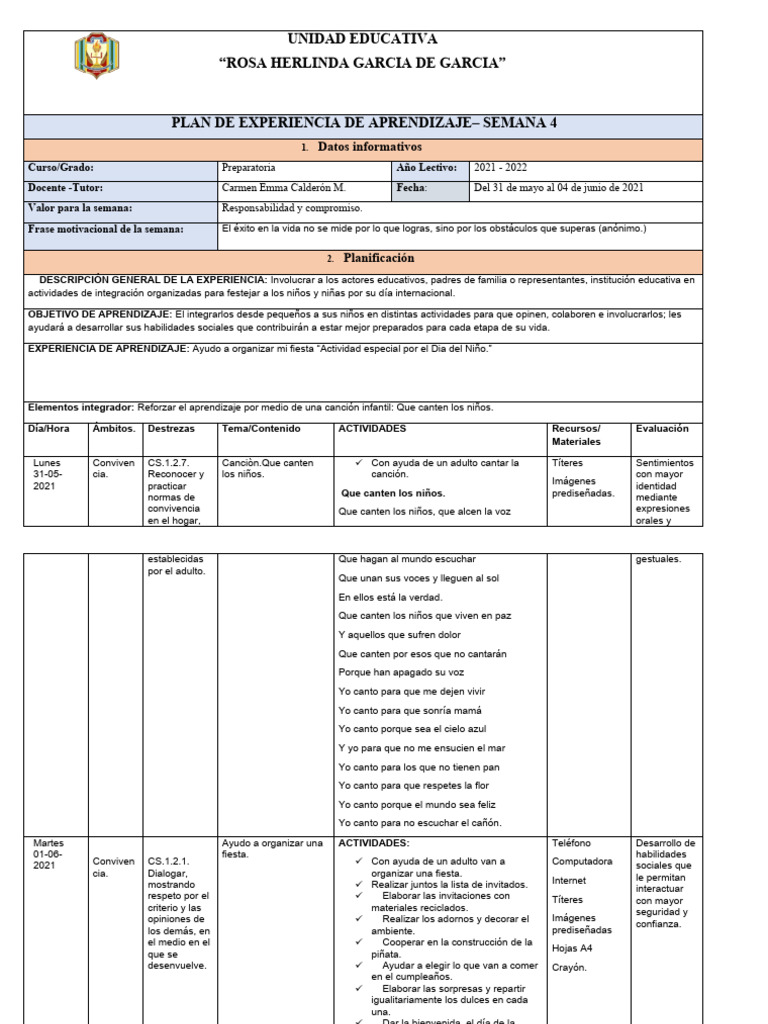 Semana 4 .Dia Del Niño. | Descargar gratis PDF | Aprendizaje