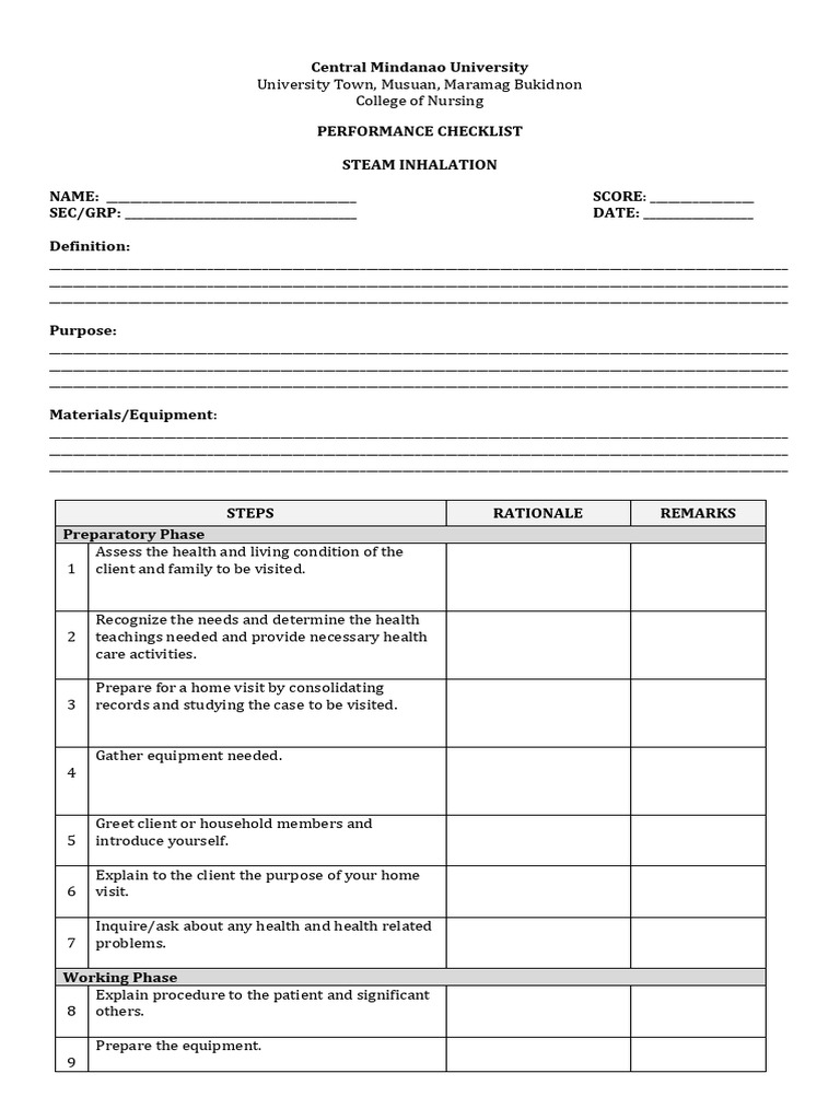 4 Steam Inhalation Checklist Final | PDF | Patient | Information