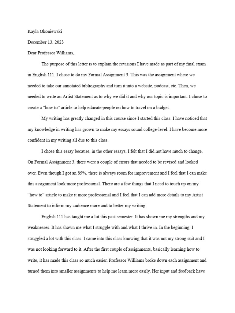 Reflective Cover Letter Revised Work - Kayla Okoniewski | PDF | Essays ...