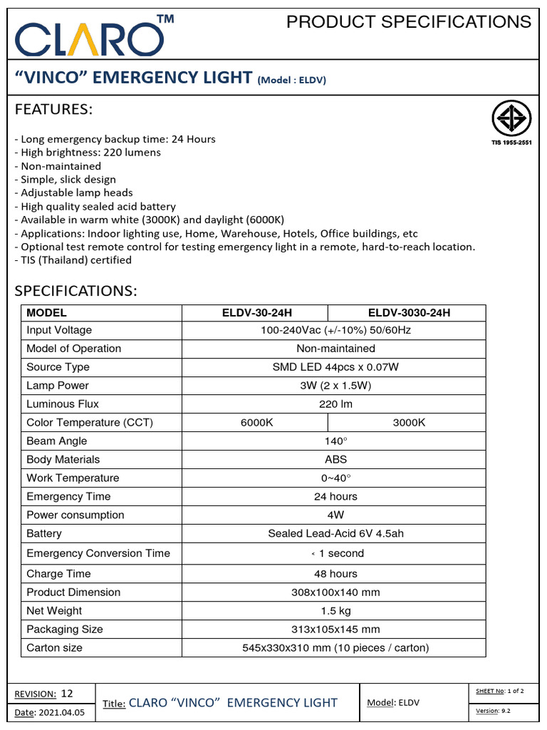 CLARO VINCO Emergency Light Specifications v9.2 | PDF | Electrical Components | Lighting