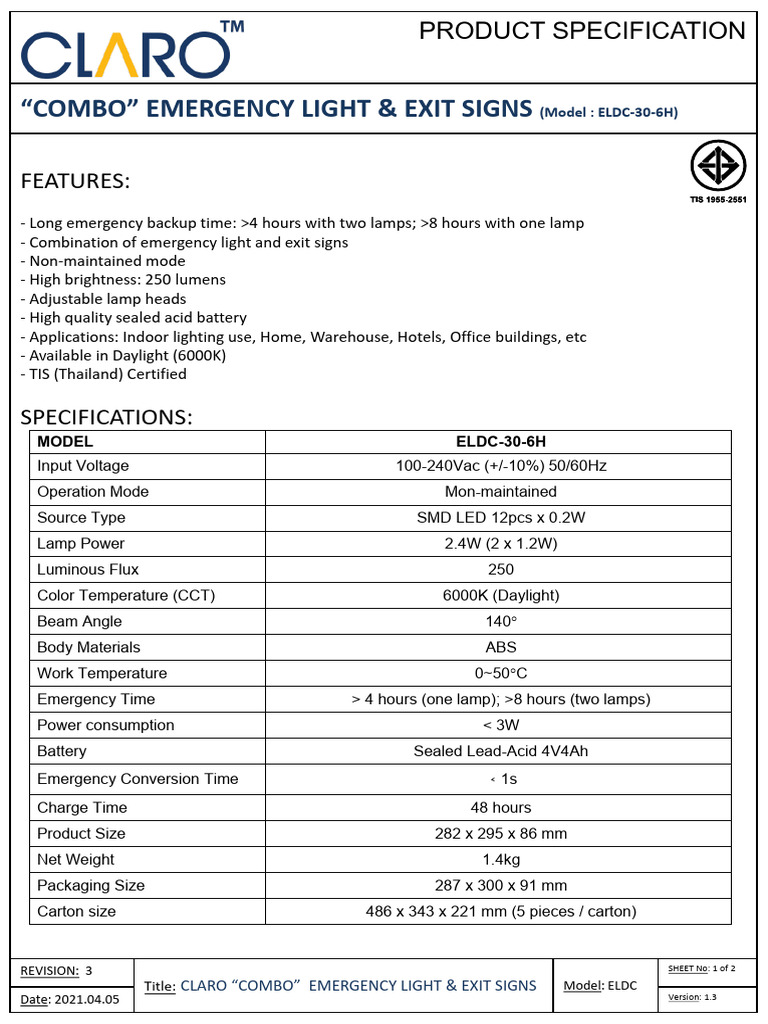 Claro Combo Emergency Light Specs | PDF | Electrical Components | Optics