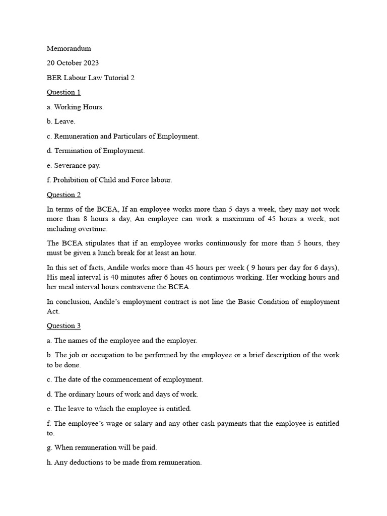 Tut 2 Memorandum | PDF | Employment | Working Time