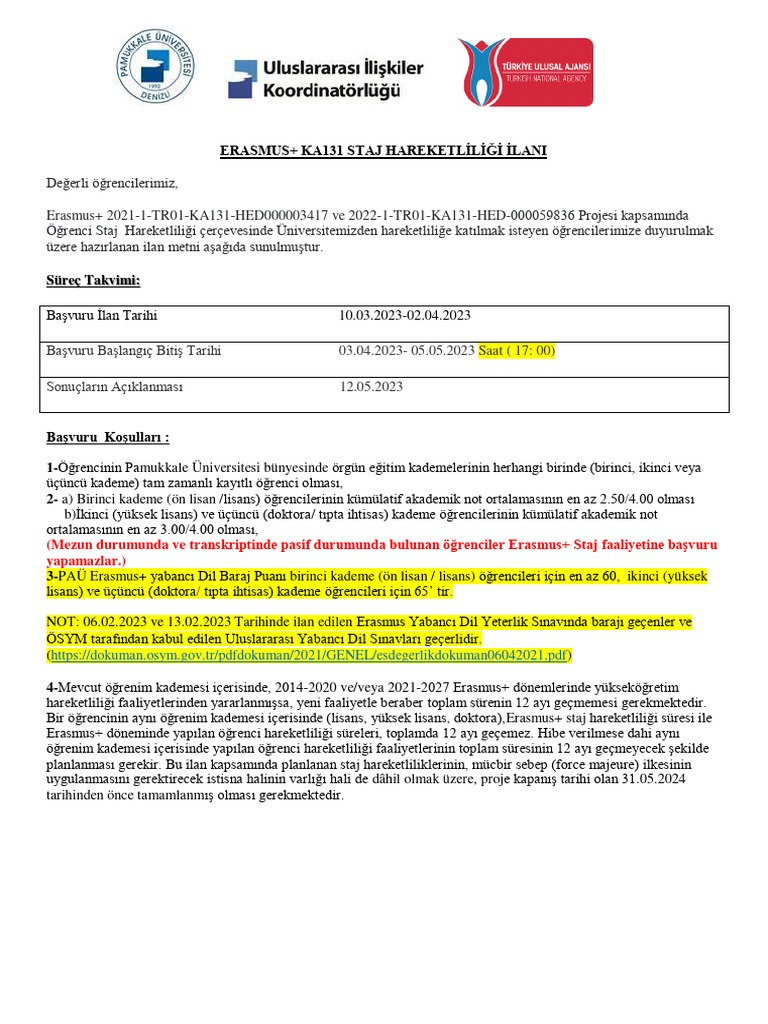 2023-2024 KA131 Erasmus+ Staj Hareketliliği İlan Metni | PDF