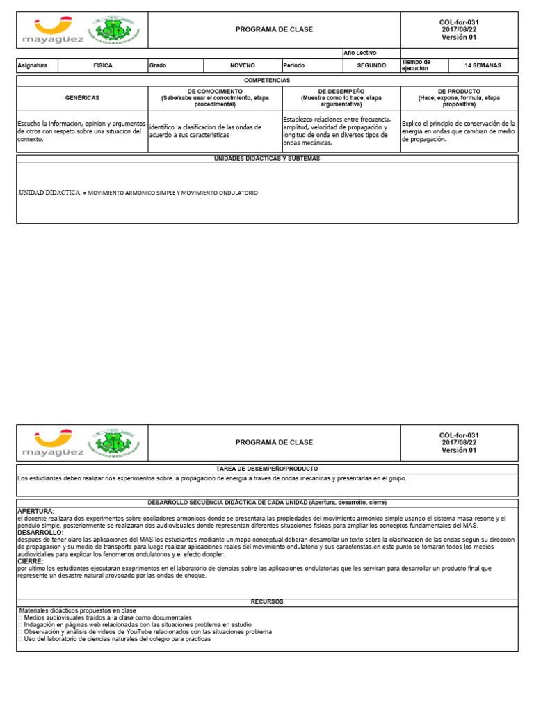 Programa de Clase Segundo Periodo Fisica Noveno | PDF | Olas | Fenomeno fisico