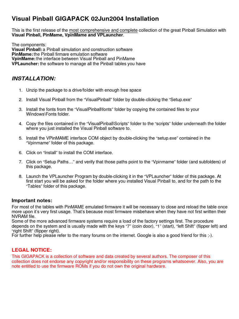 Visual Pinball GIGAPACK Installation | PDF