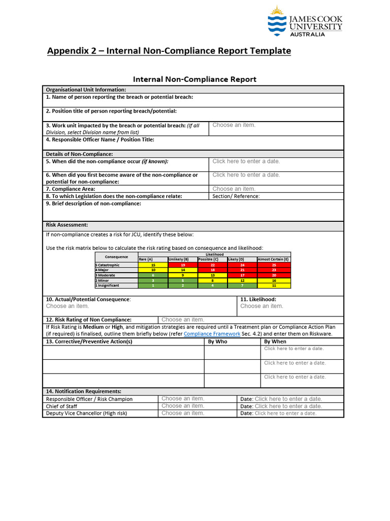 Appendix 2 Internal Non Compliance Report Template | PDF | Risk ...