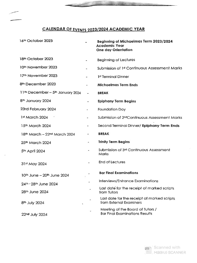 Calendar of Events 2023 - 2024 Academic Yr | PDF