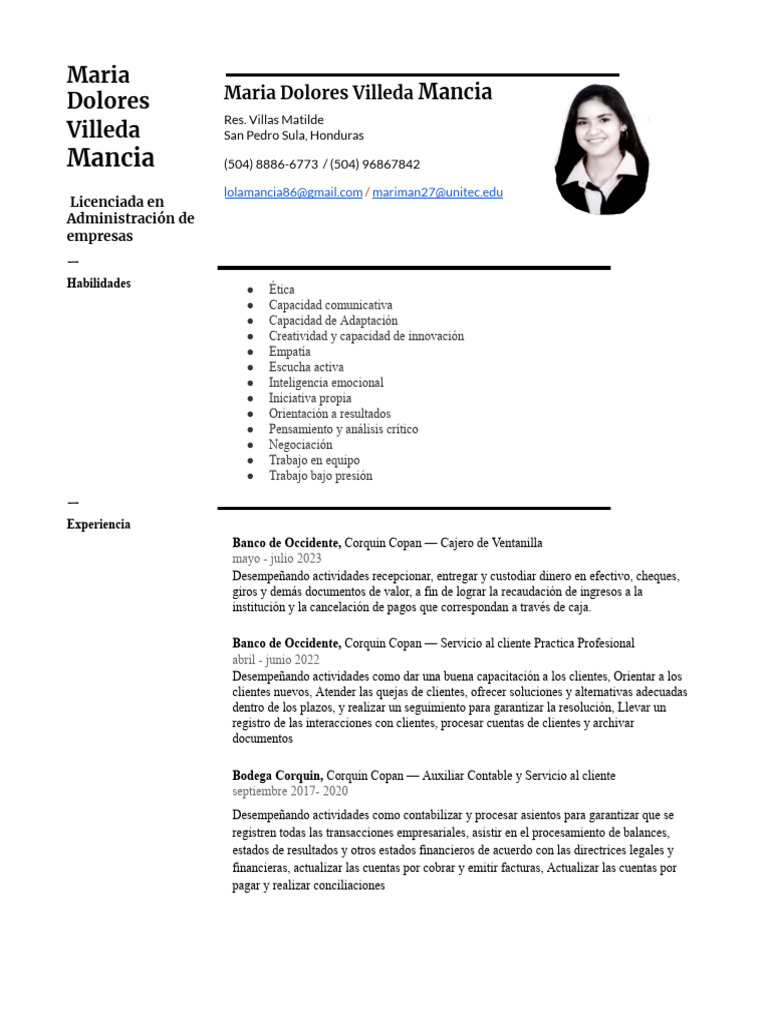 CV - Maria Villeda - Licenciada en Administracion de Empresas | PDF ...