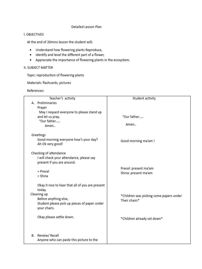 Detailed Lesson Plan | PDF | Flowers | Reproduction