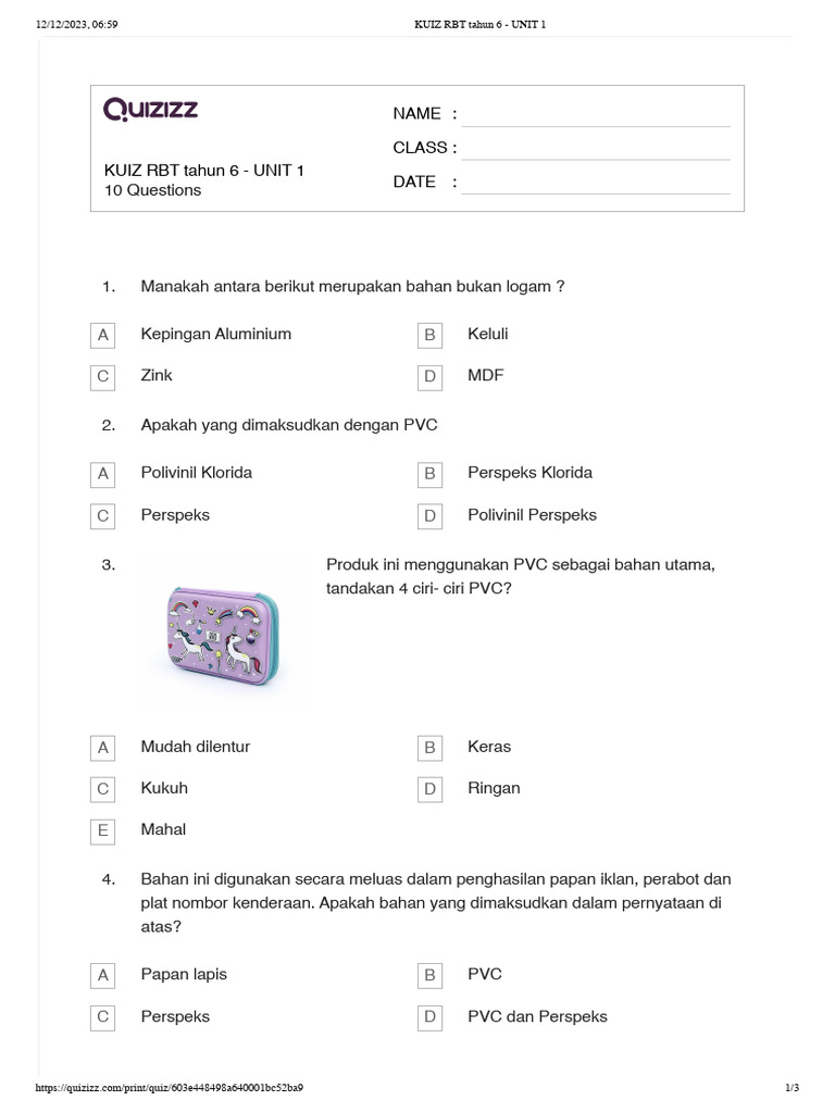 KUIZ RBT Tahun 6 - UNIT 1 | PDF
