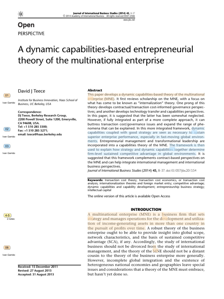 Teece 2014 A Dynamic Capabilities Based Entrepreneurial Theory Of The Multinational