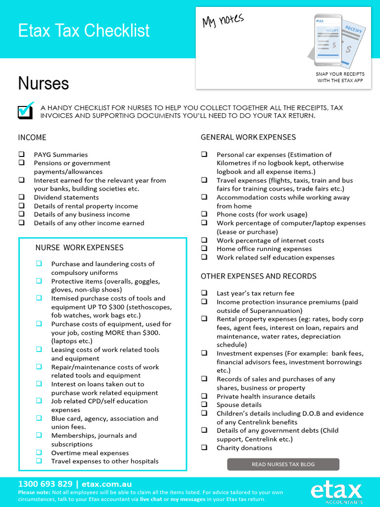 Essential Tax Checklist for Nurses | PDF | Expense | Taxes