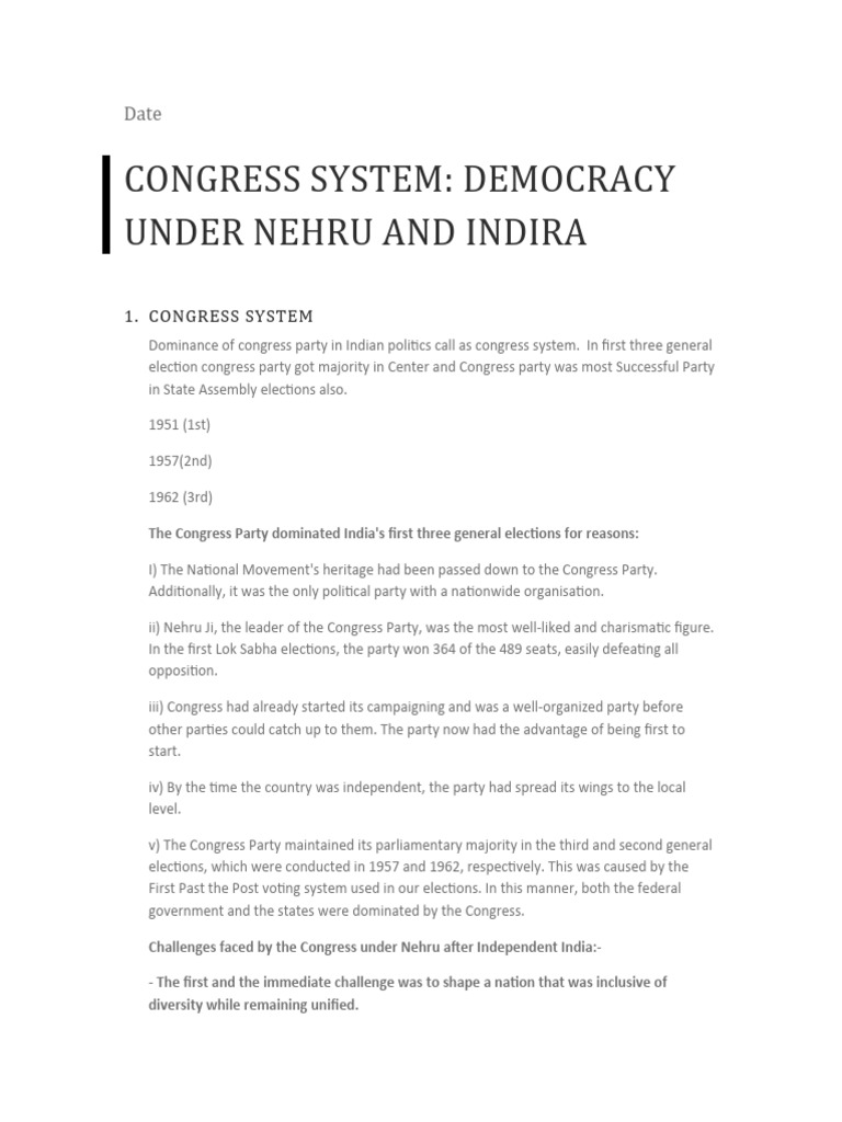 Congress System: Democracy Under Nehru and Indira | PDF | Indian ...