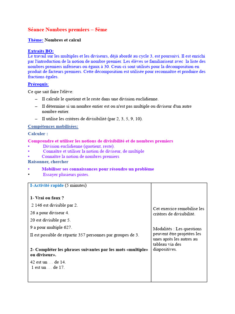 Nombres Premiers en 5ème : Cours et Exercices | PDF | Nombre premier ...