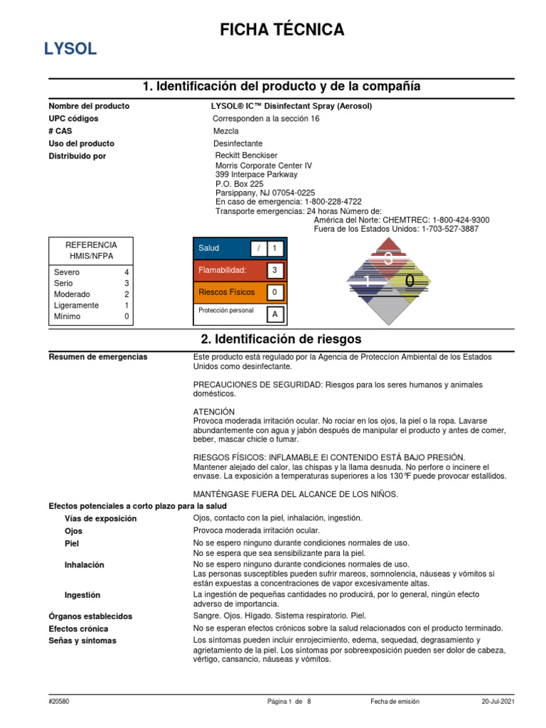 Ficha Tecnica Lysol Brand Iii Disinfectant Spray | PDF | Residuos | Agua