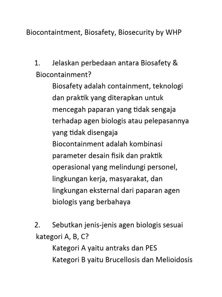 SOAL Biocontaintment, Biosafety, Biosecurity - WHP | PDF
