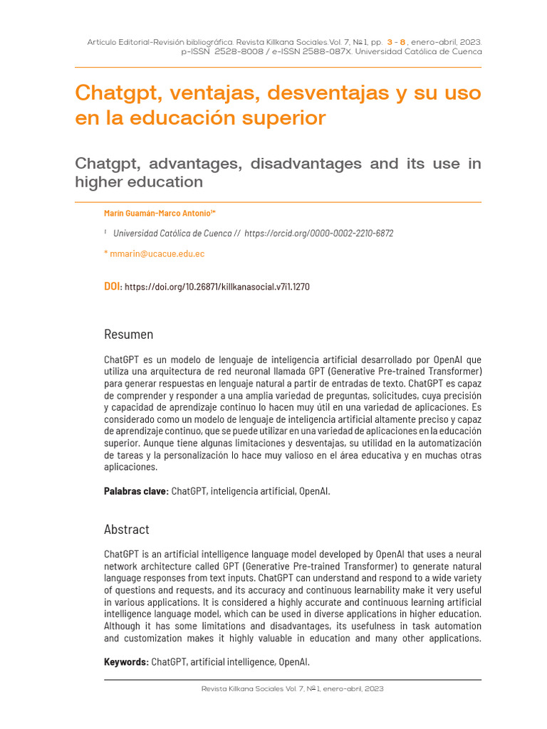 Chatgpt, Ventajas, Desventajas y Su Uso en La Educación Superior | PDF | Inteligencia ...