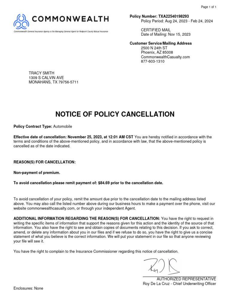 Txa22540198293-Cancellation Notice Bill | PDF | Insurance | Business Law