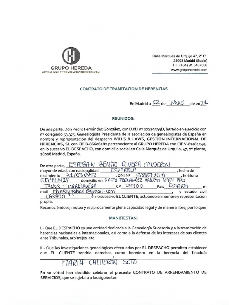 Contrato Tramitacion Herencias Esteban Benito Rivera Calderon | PDF