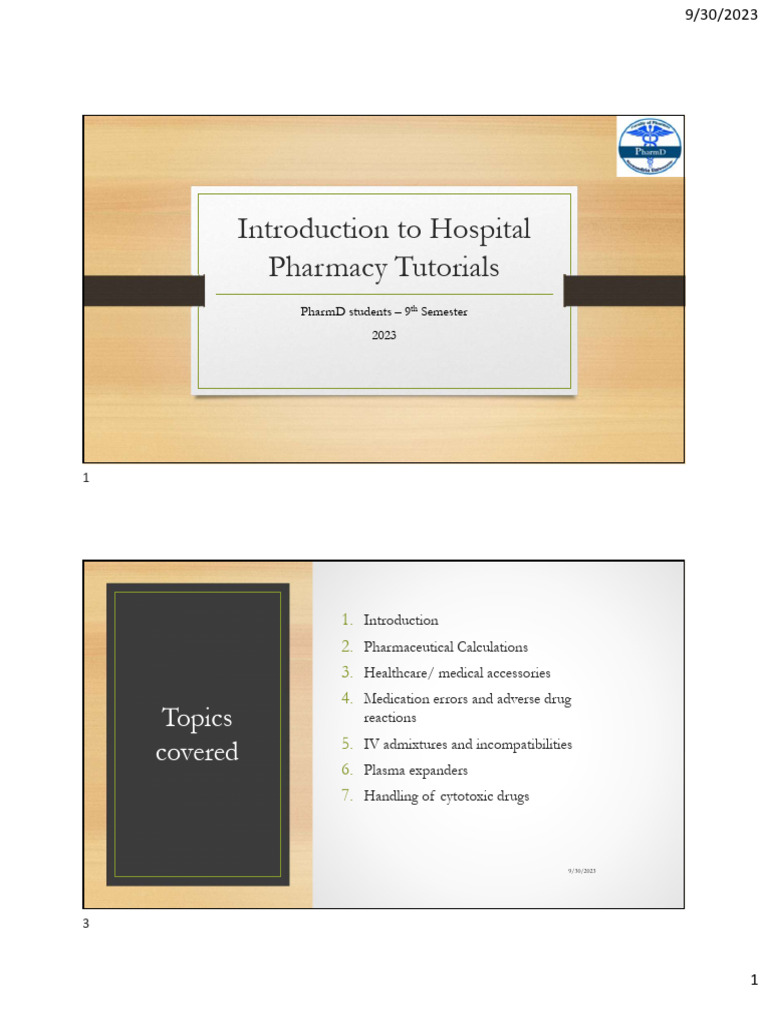 Hospital Pharmacy Introduction - Handout | PDF | Pharmacy | Patient