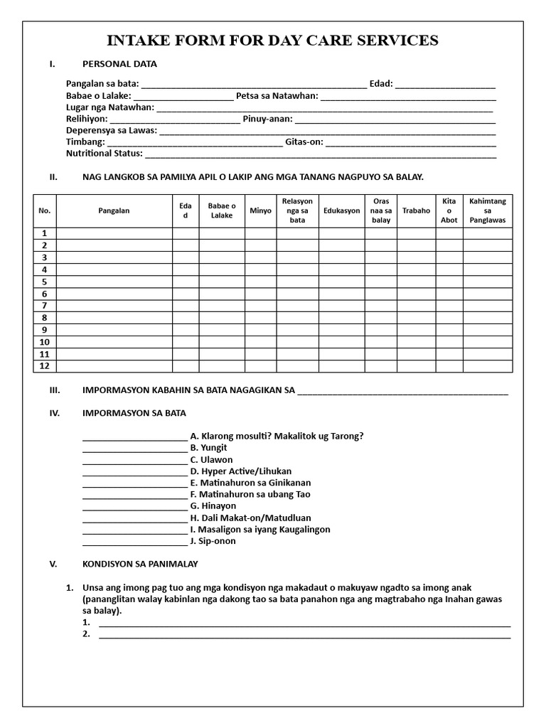 Intake Form For Day Care Services | PDF