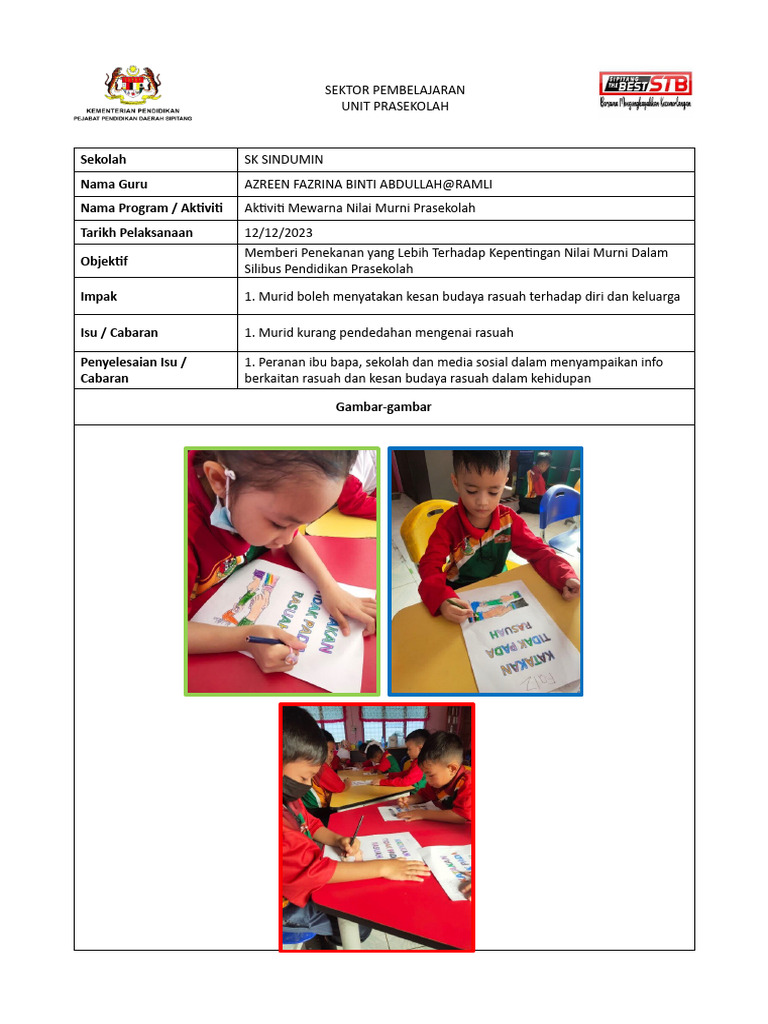 2023 - Aktiviti Mewarna - Pelan Anti Rasuah - SK SINDUMIN | PDF