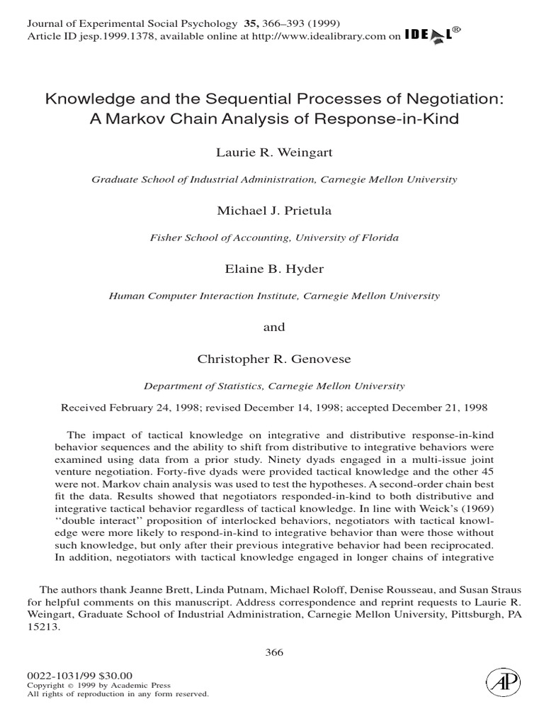Knowledge and The Sequential Processes of Negotiation - A Markov Chain Analysis of Response-in ...