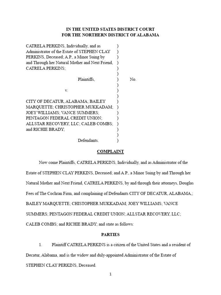 Federal Civil Lawsuit On Behalf of Estate of Stephen Clay Perkins | PDF ...