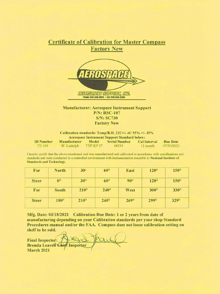 Certifícate of Calibration For Master Compass Factory N | PDF