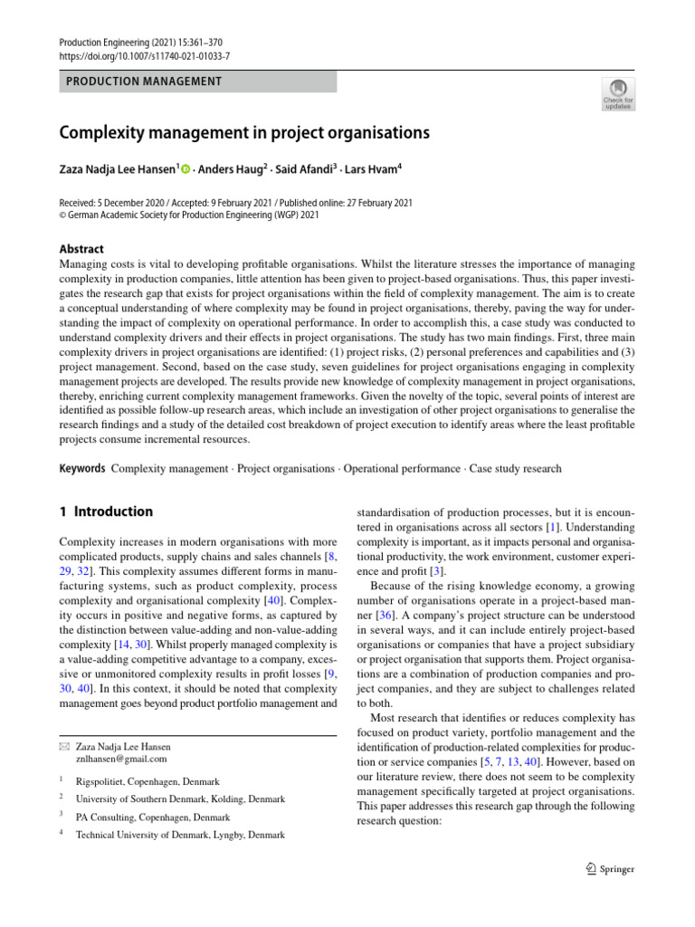 Complexity Management in Project Organisations | PDF | Risk | Project Management