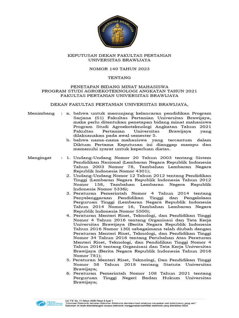 140 - SK Dekan Peminatan Mhs Agt Angk. 2021 | PDF